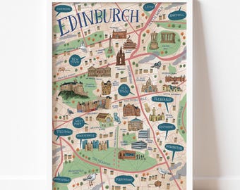 Map of Edinburgh, Edinburgh Travel Print, Hand Drawn Map, Scottish ...