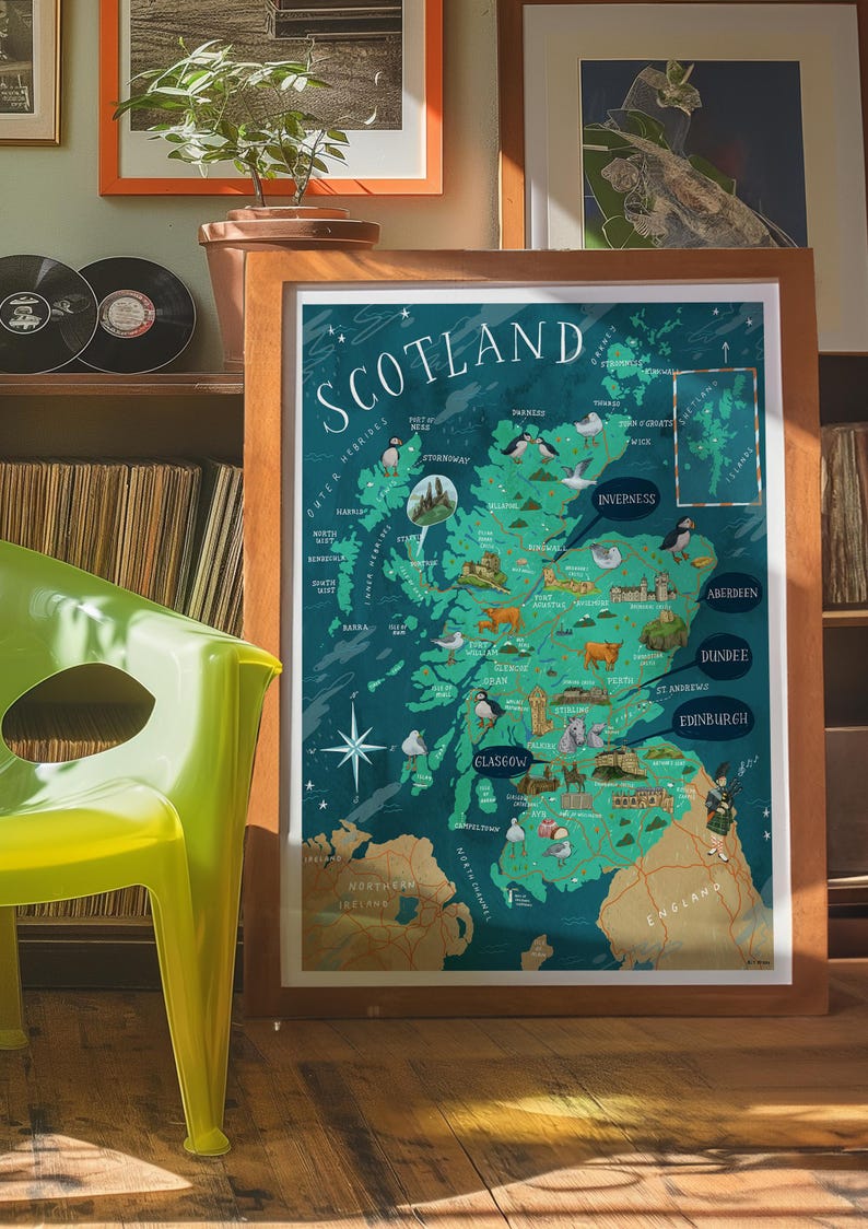 Illustrated Map of Scotland: Matte Poster Print Featuring the Highlands ...