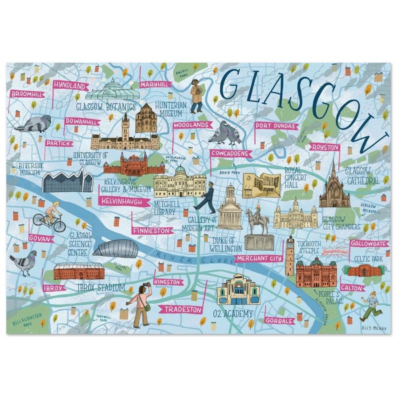 Illustrated Map of Glasgow Matte Print: Includes Kelvingrove Park ...