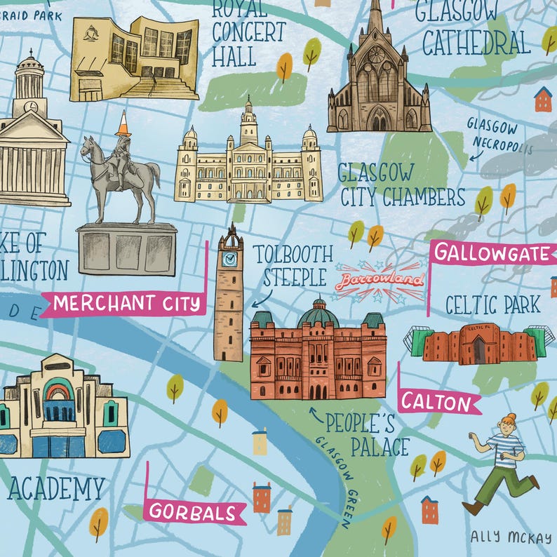 Illustrated Map of Glasgow Matte Print: Includes Kelvingrove Park ...