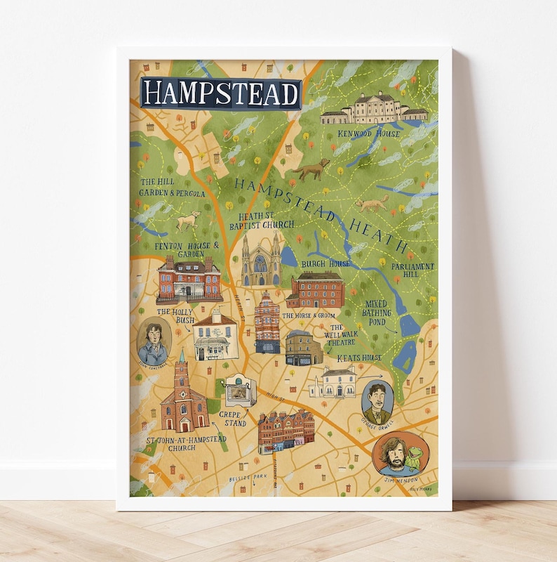 Map of Hampstead, London: Illustrated Map of Hampstead Heath, London ...