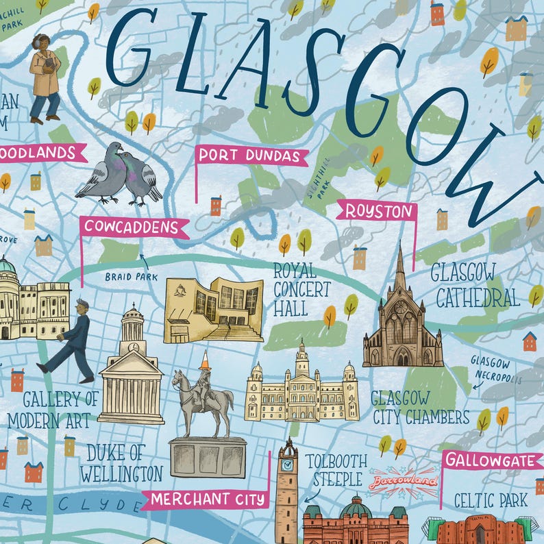 Illustrated Map of Glasgow Matte Print: Includes Kelvingrove Park ...