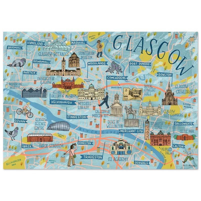 Illustrated Map of Glasgow | Hand-drawn Art Print | Scotland Cityscape ...