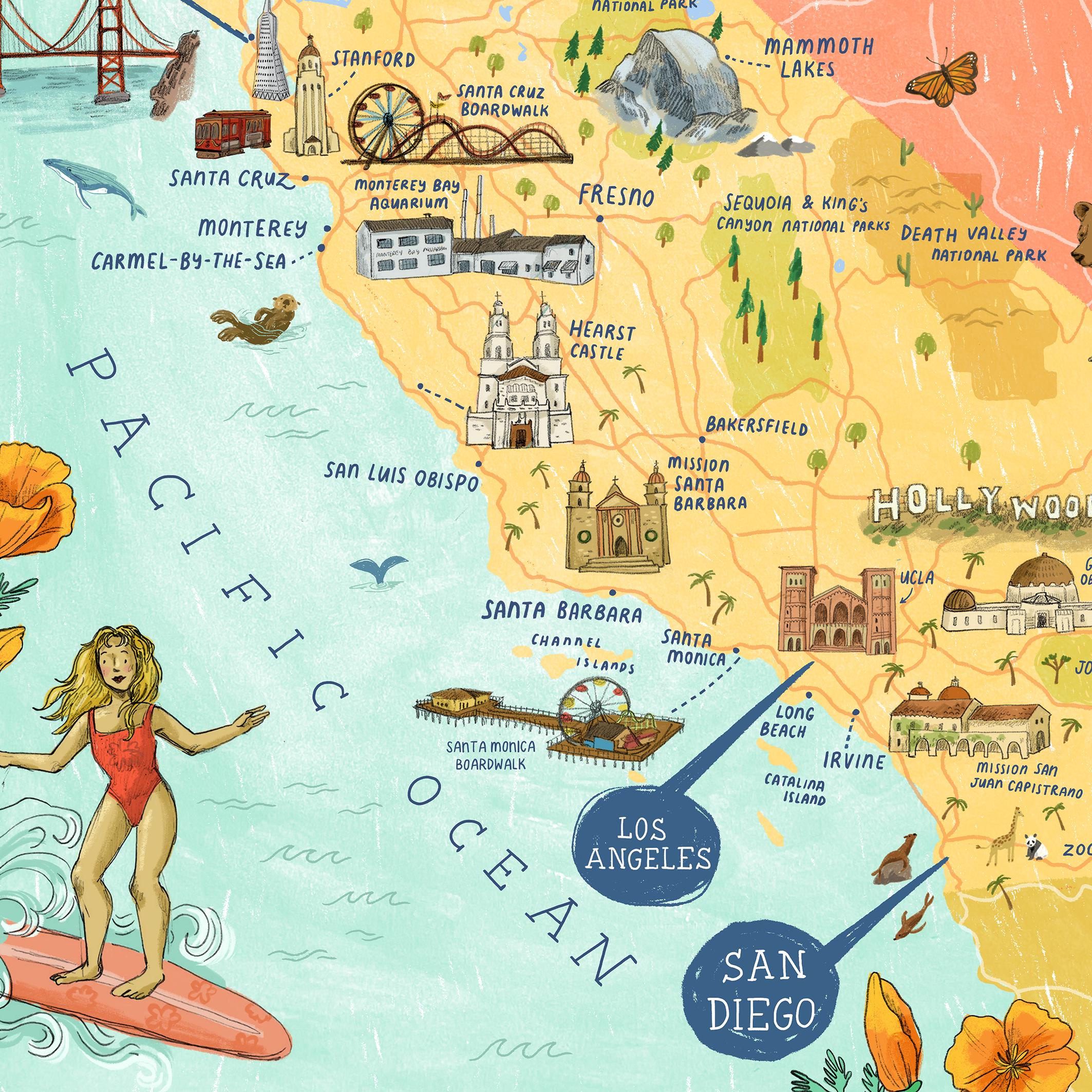 Map of California Print: Illustrated Map of California USA Including ...