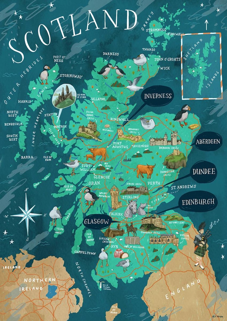 Illustrated Map of Scotland: Matte Poster Print Featuring the Highlands ...