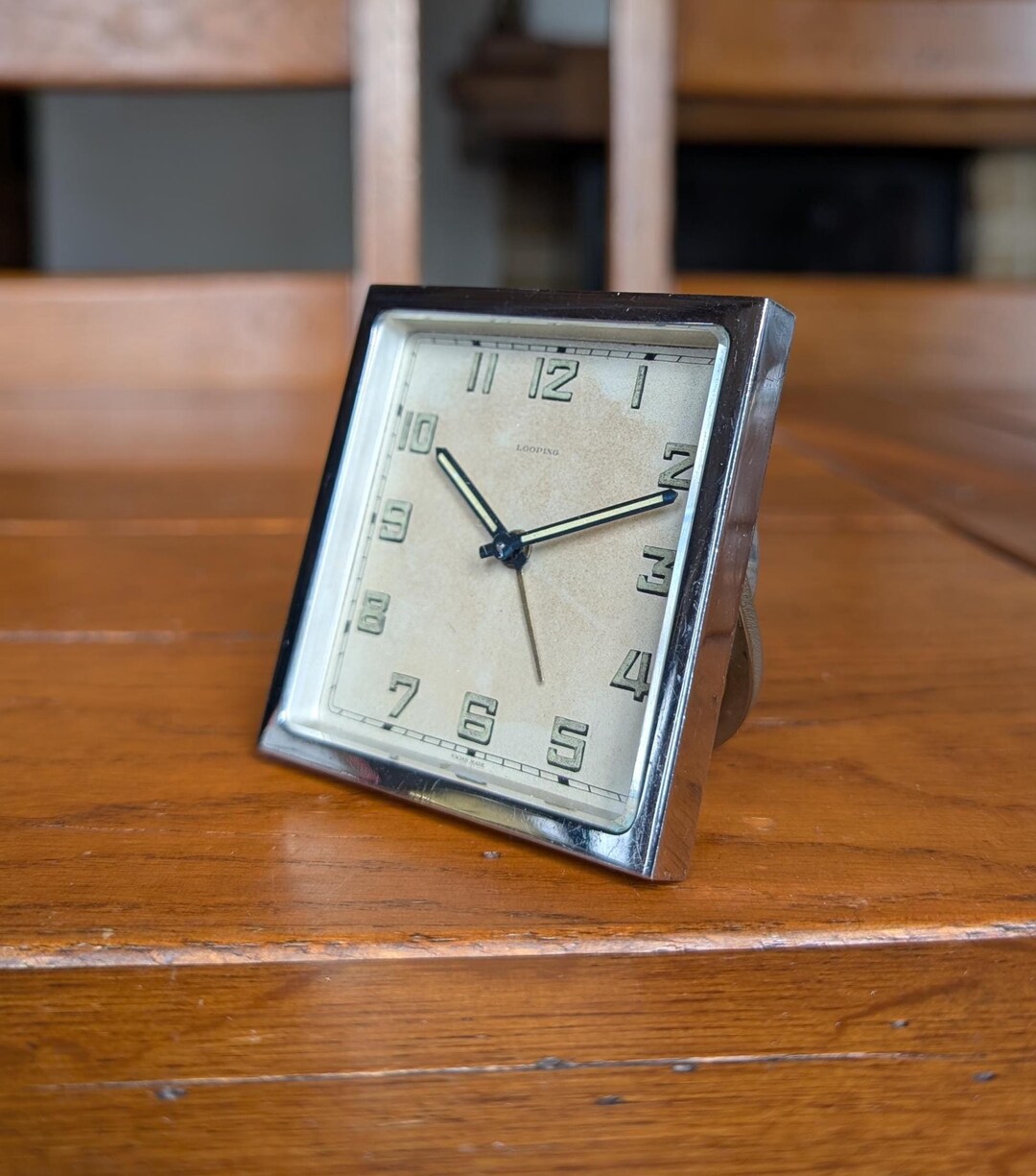Looping Swiss Vintage Square Desk Clock With Chrome Frame and Art Deco ...