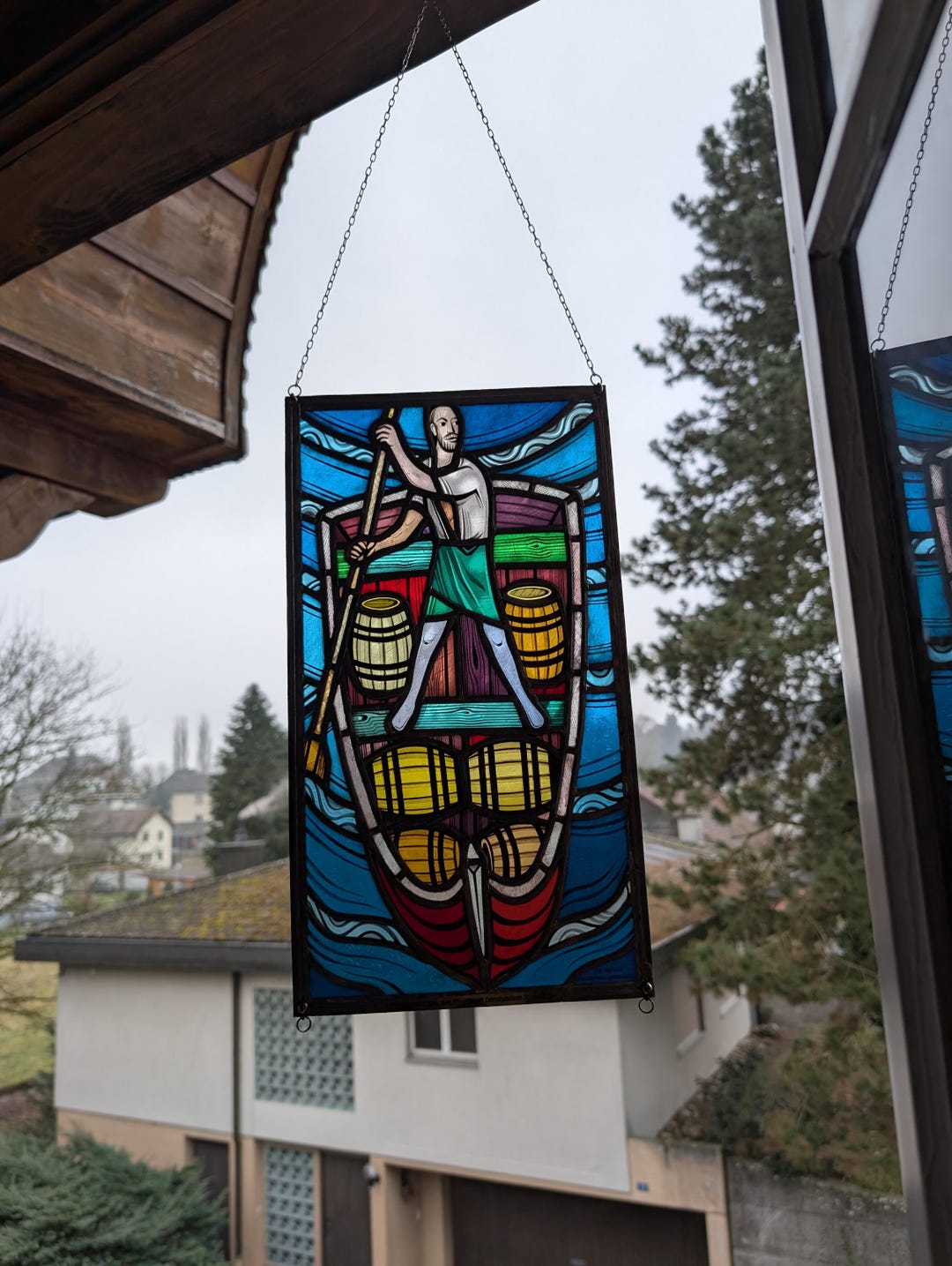 Collectible Swiss Large Stained Glass Man on a Boat by Renowned Artist ...