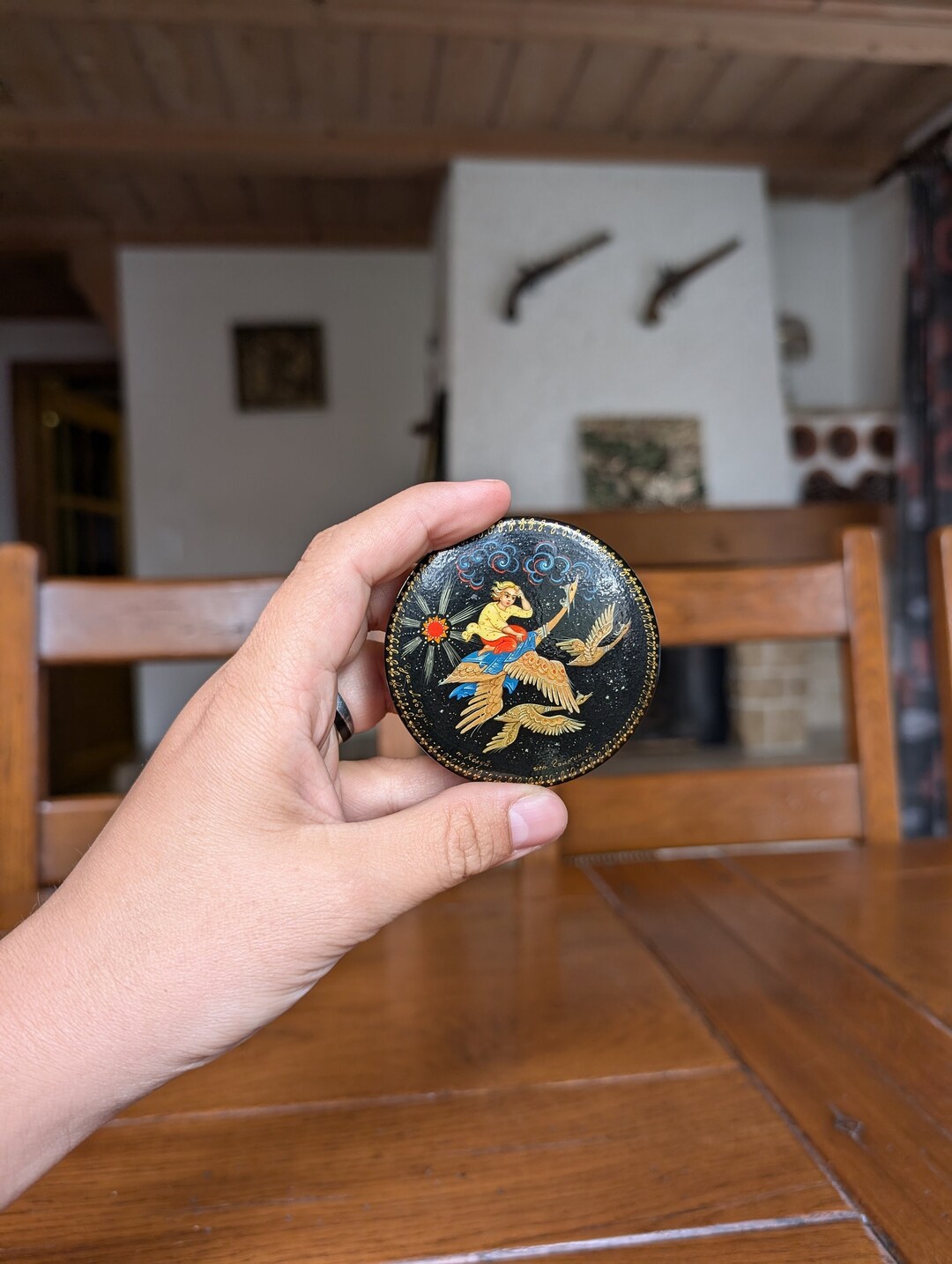 USSR Kholui 60s Folk Art Small Round Wooden Box With the Motif of the ...