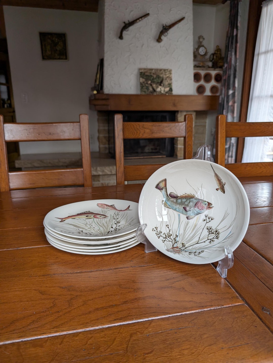 Johnson Bros Vintage Set of 6 Pcs Flat Plates and 1 Deep 70s With Fish ...