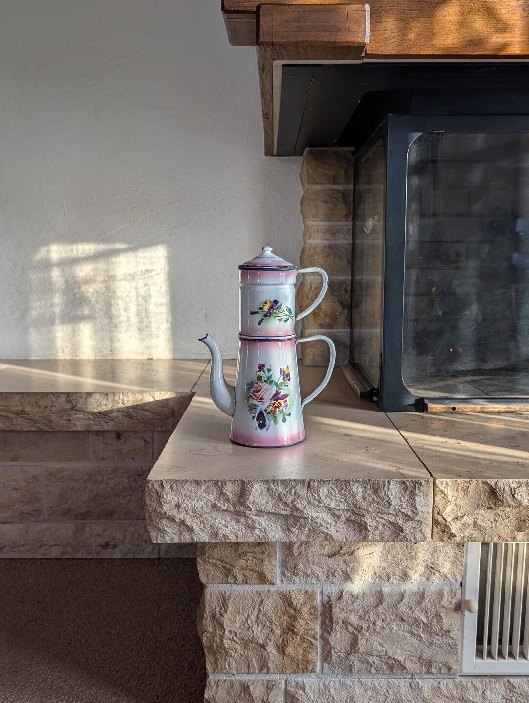 Vintage Pink French Enamel Coffee Pot Prefabricated Tall Floral Coffee ...