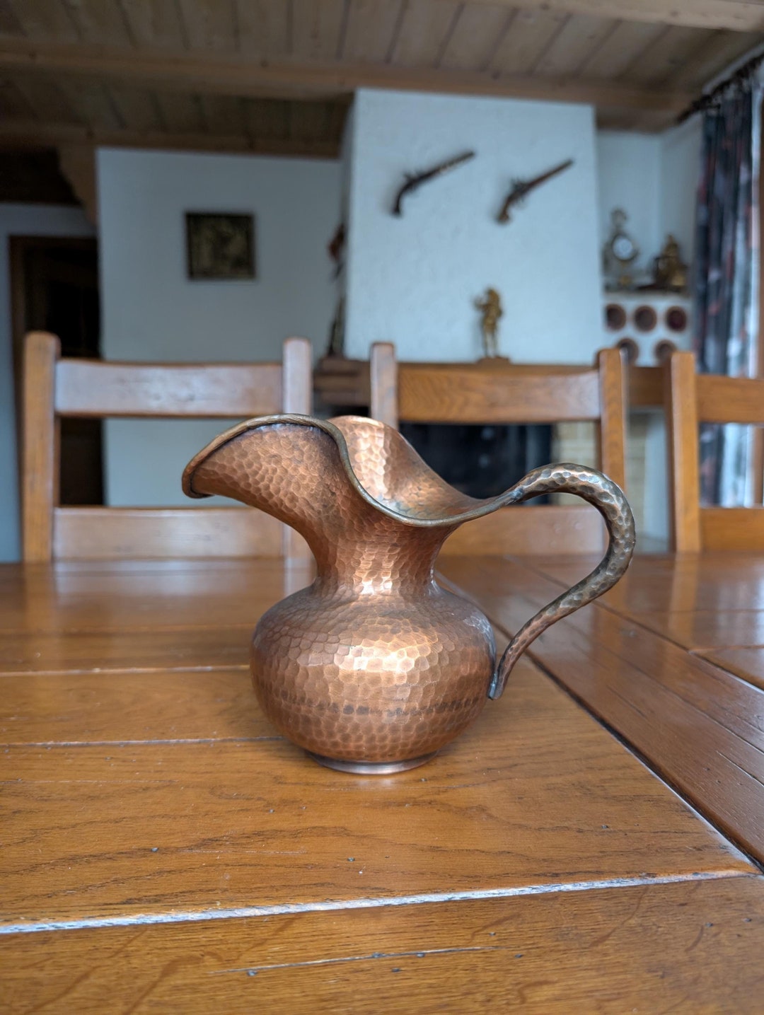 Swiss Vintage Hand Hammered Copper Milk Jug With Handle and Wide Wavy ...