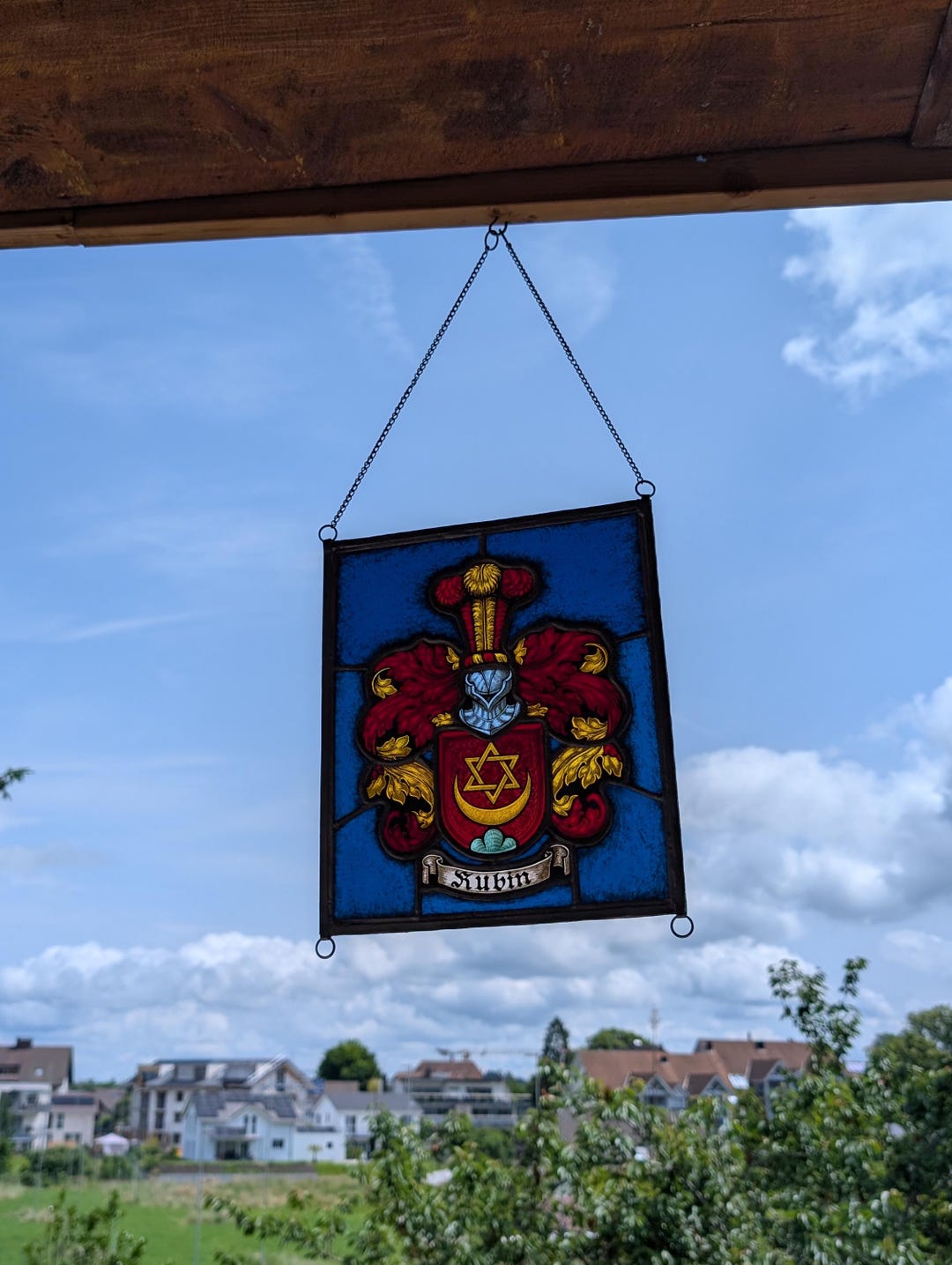 Rubin Family Crest Stained Glass Panel in Tiffany Style With Red and ...