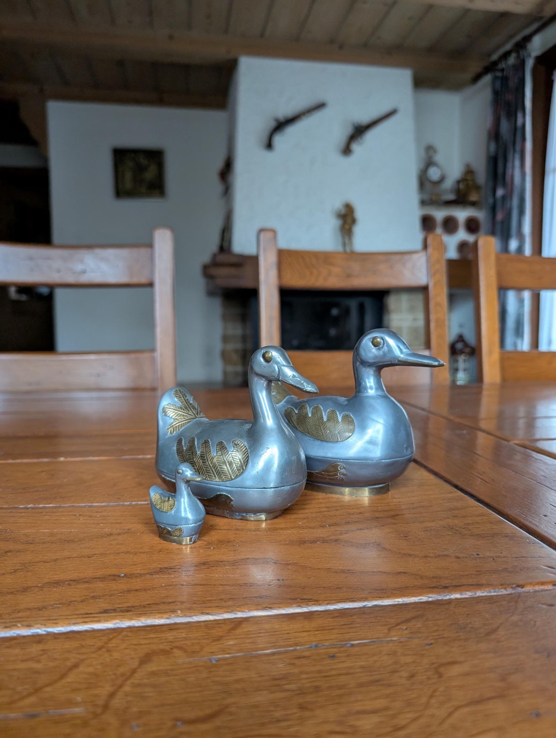 Vintage Set of 3 Metal Duck Boxes With Brass and Pewter Lid, Family of ...