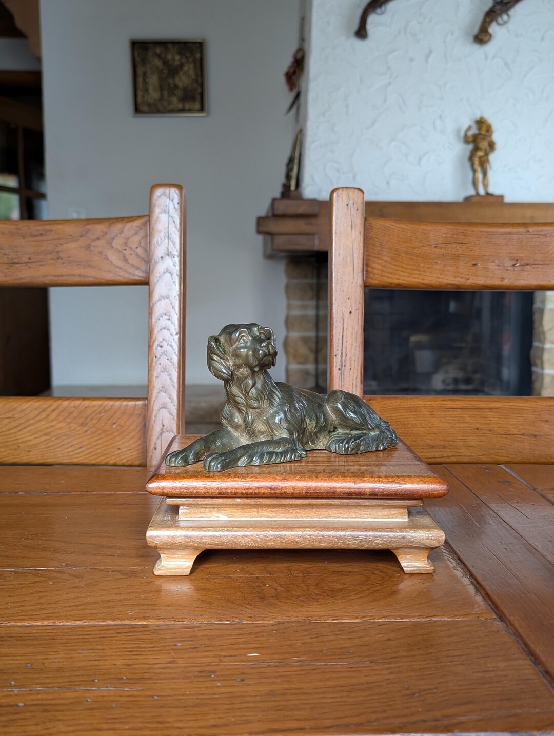 Large Bronze Art Vintage Dog Statue on Wooden Stand as a Gift for Dog ...