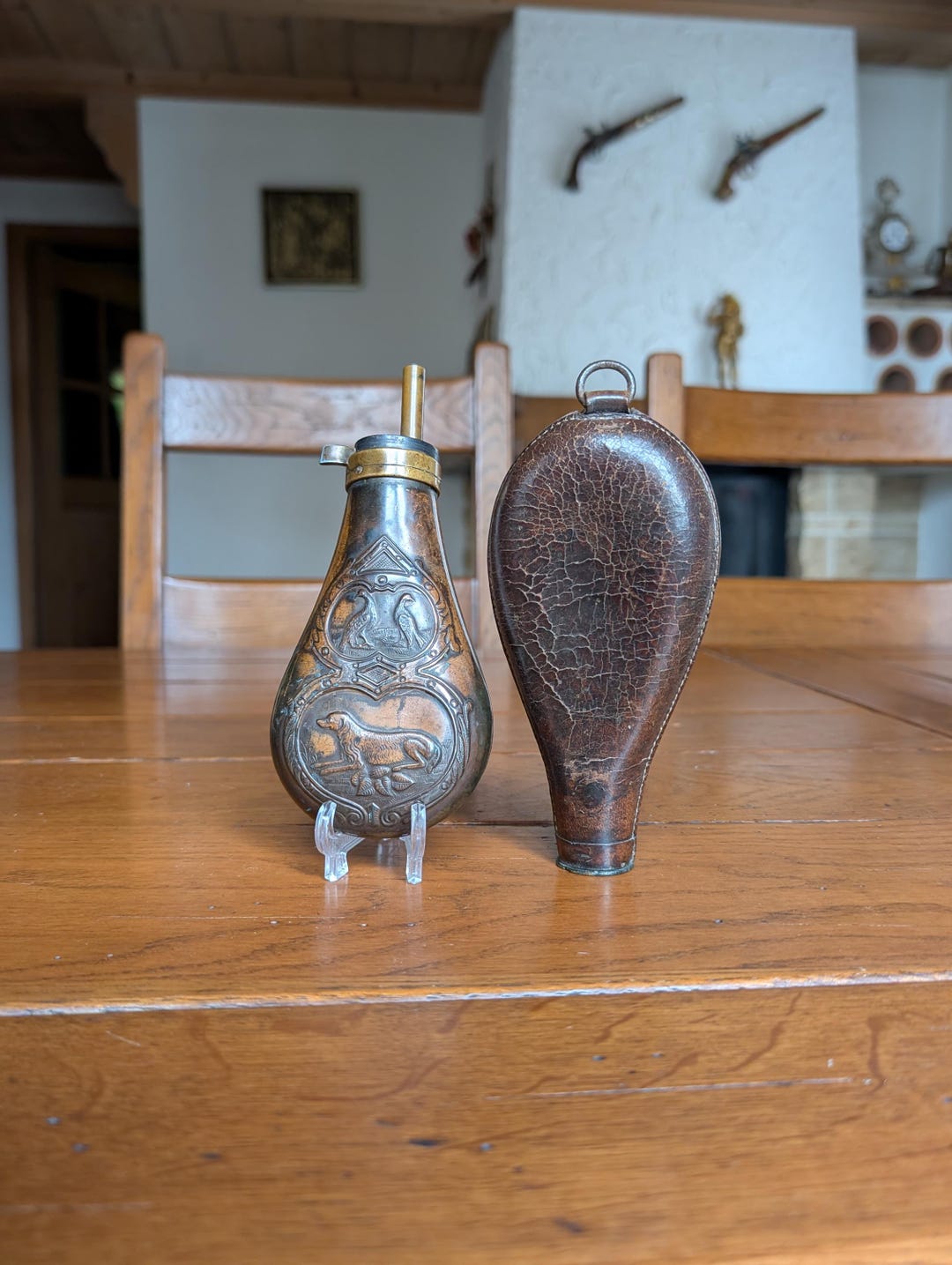 Antique Gunpowder Flask in Choice of Metal With Hunting Dog Motif or ...