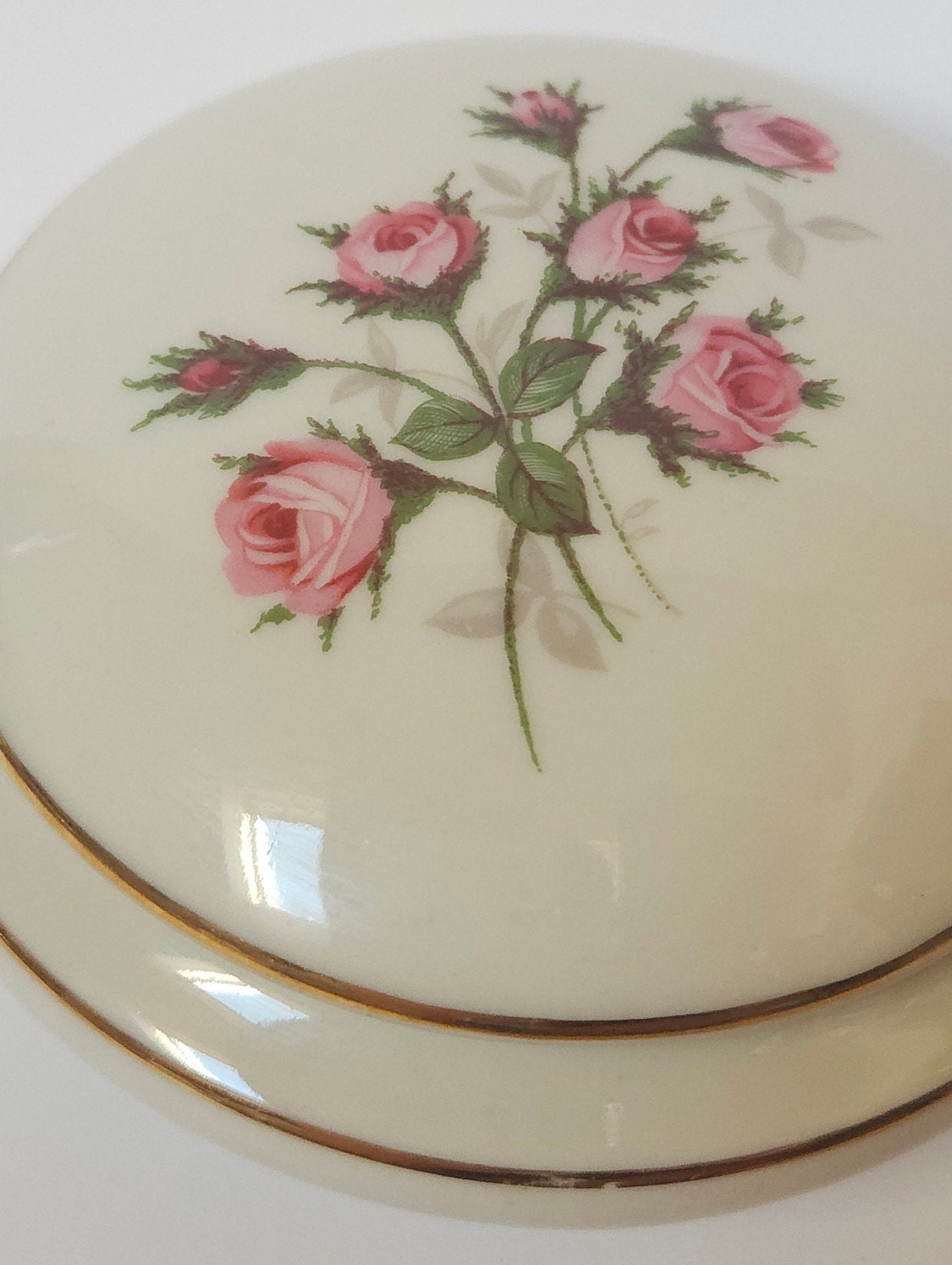 Vintage German Round Box With Lid in White Porcelain With Pink - Etsy