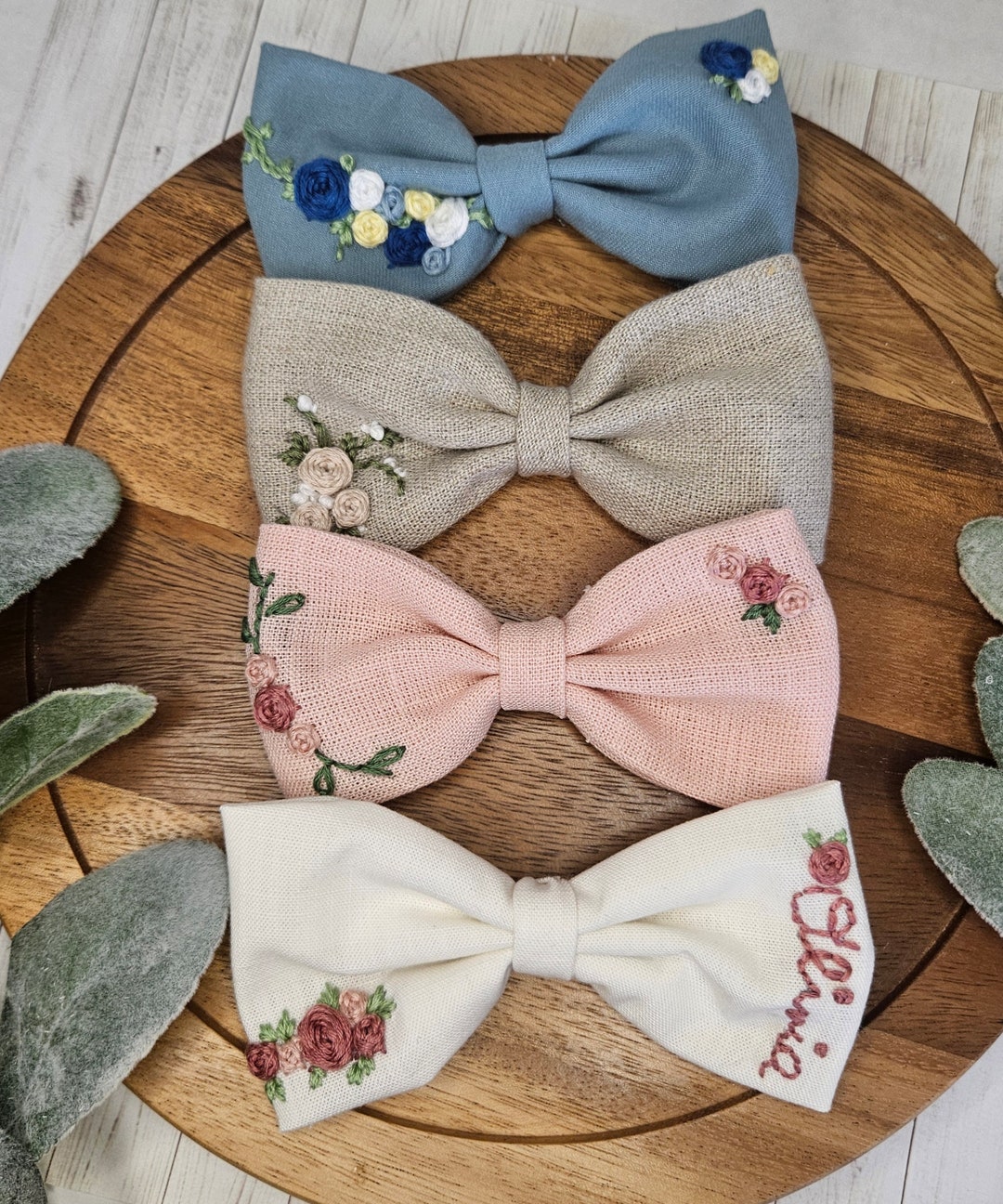 Floral Hand Embroidered Bow, 5 Inch Hand Embroidered Name Bow, Baby ...