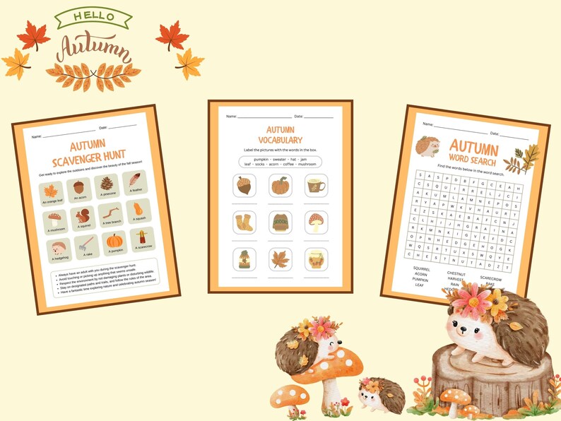 Kids Worksheet Set, Autumn-fall Themed Kids Worksheet Set, Printable ...