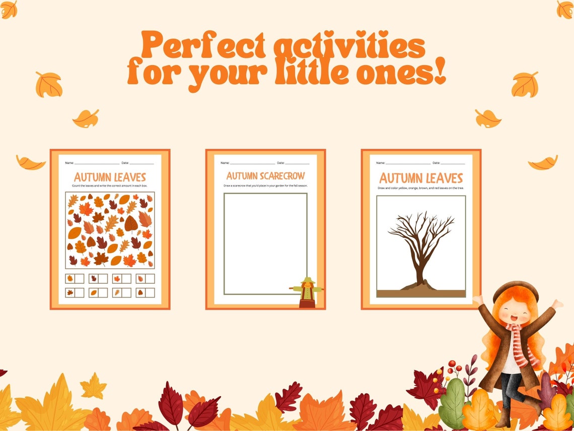 Kids Worksheet Set, Autumn-fall Themed Kids Worksheet Set, Printable ...