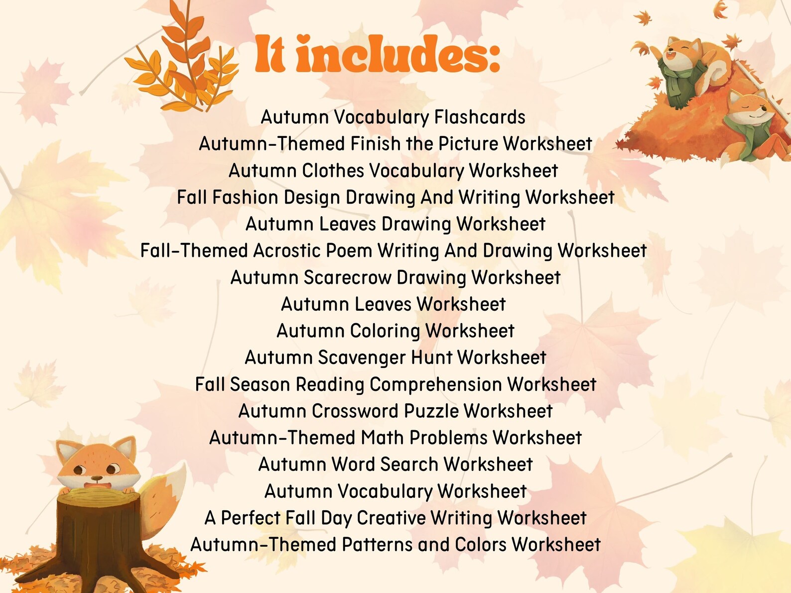 Kids Worksheet Set, Autumn-fall Themed Kids Worksheet Set, Printable ...