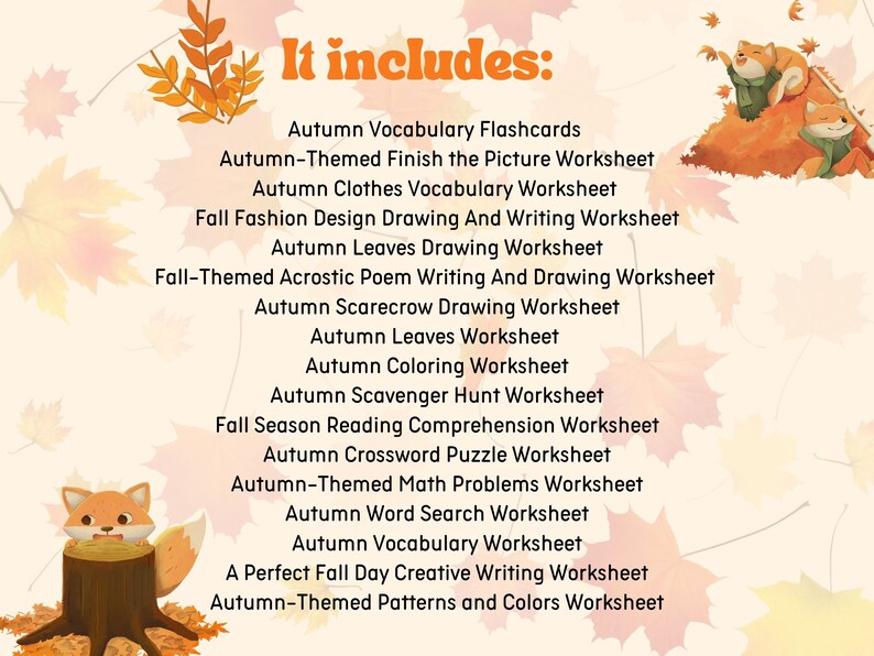 Kids Worksheet Set, Autumn-fall Themed Kids Worksheet Set, Printable ...