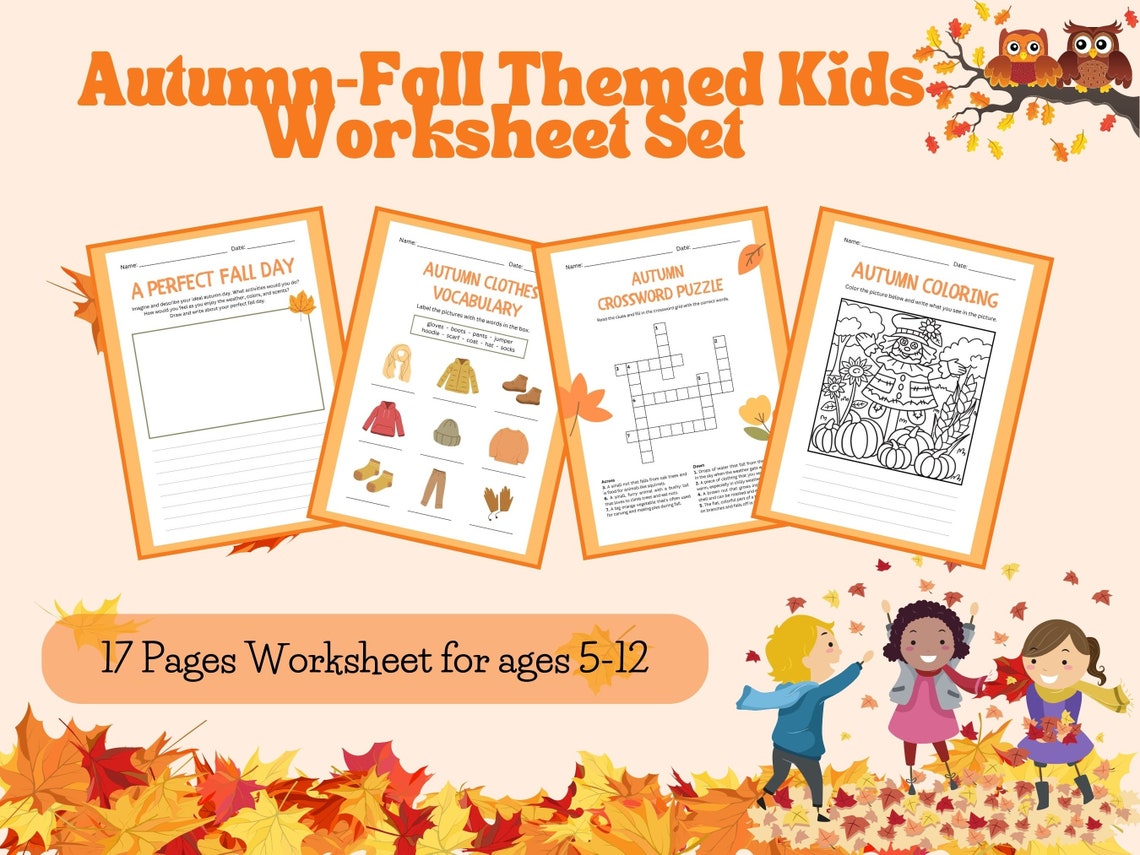 Kids Worksheet Set, Autumn-fall Themed Kids Worksheet Set, Printable ...
