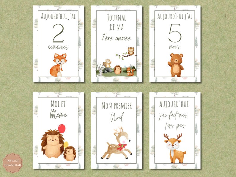 French 56 Woodland Baby Milestone Cards Printable Unisex Memory ...