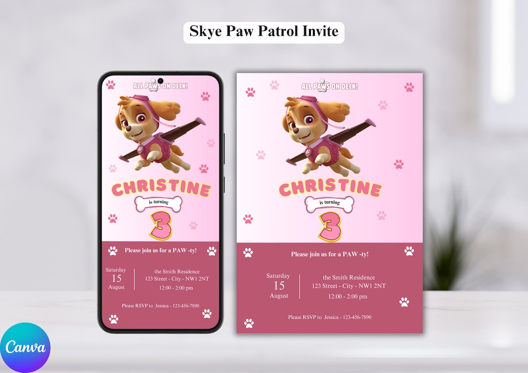 Skye Paw Patrol Birthday Invitation Template for Phone Editable Paw ...