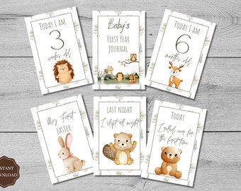 French 56 Woodland Baby Milestone Cards Printable Unisex Memory ...