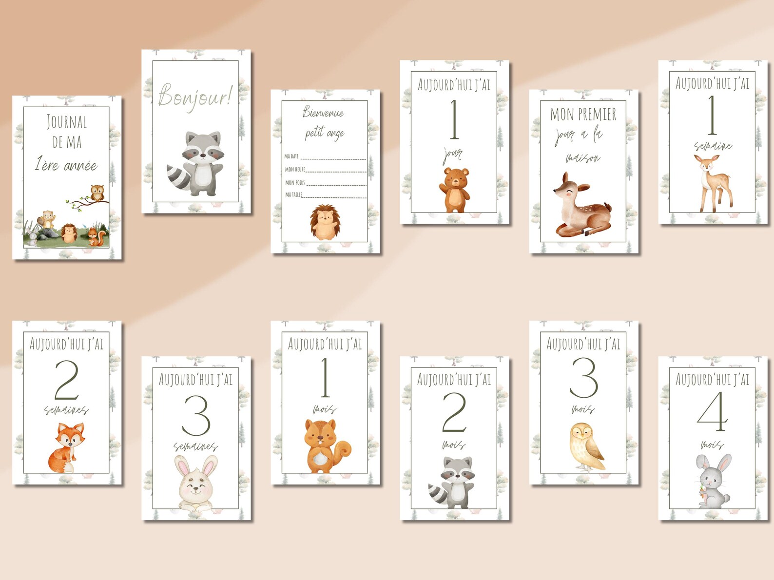 French 56 Woodland Baby Milestone Cards Printable Unisex Memory ...