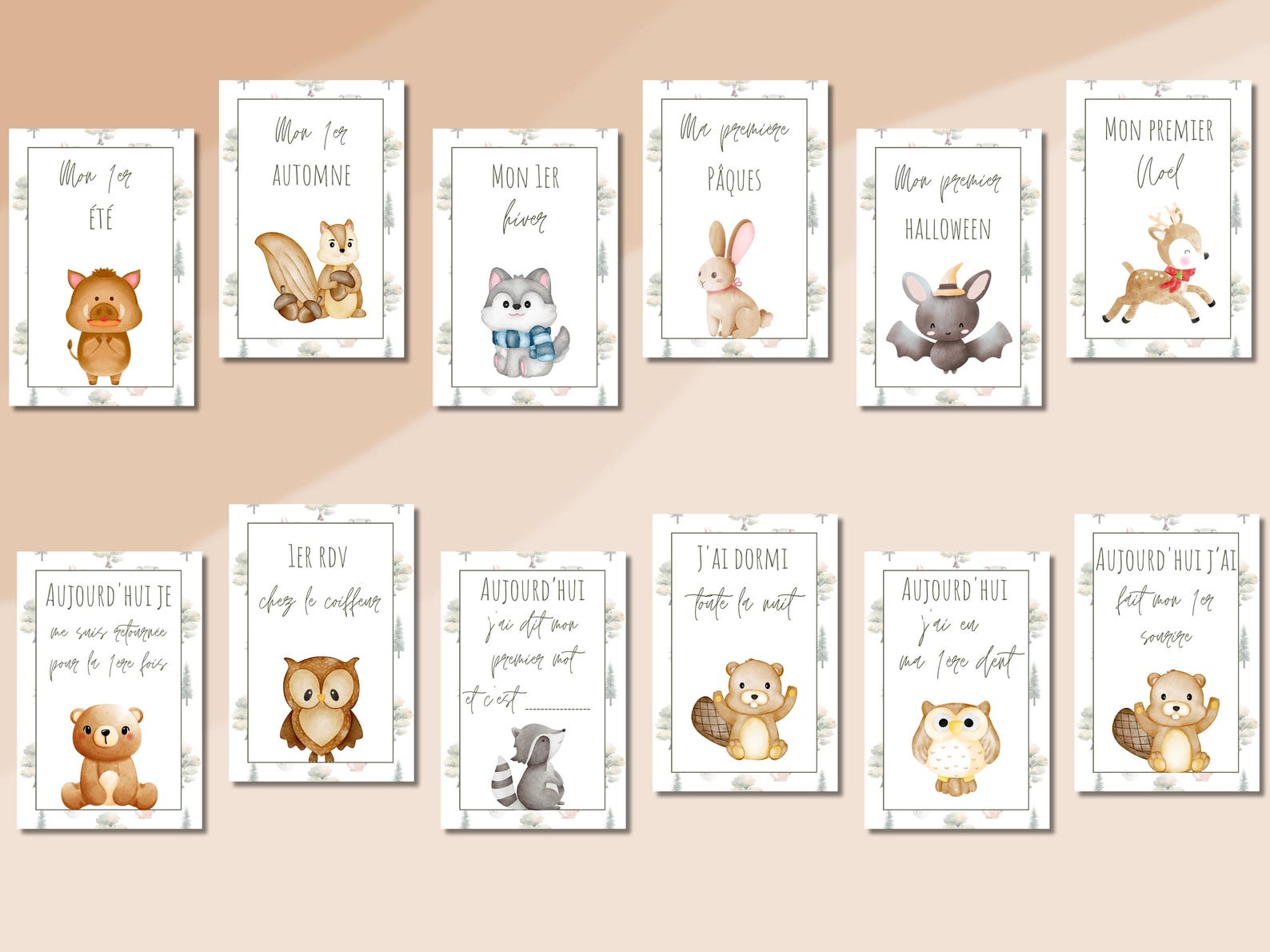 French 56 Woodland Baby Milestone Cards Printable Unisex Memory ...