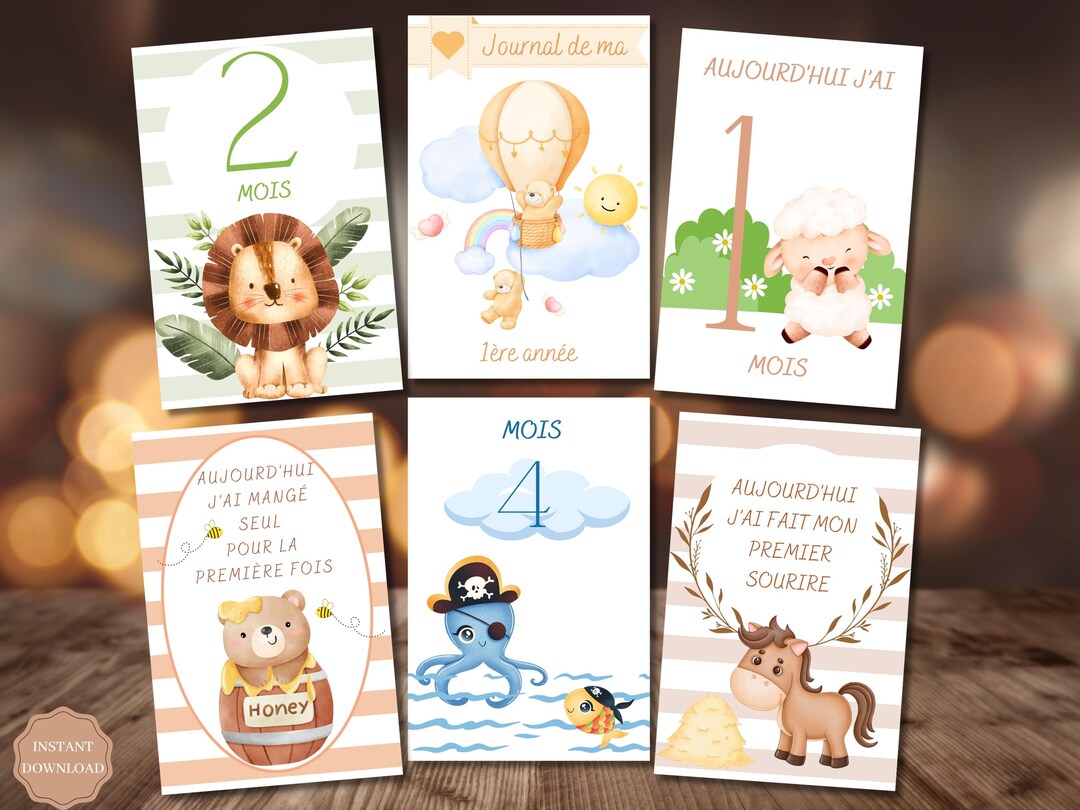 56 French Baby Milestone Cards Personalized, Animals Monthly Keepsake ...