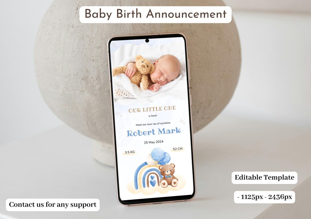 Newborn Baby Boy Announcement With Photo Teddy Bear Boy Birth ...