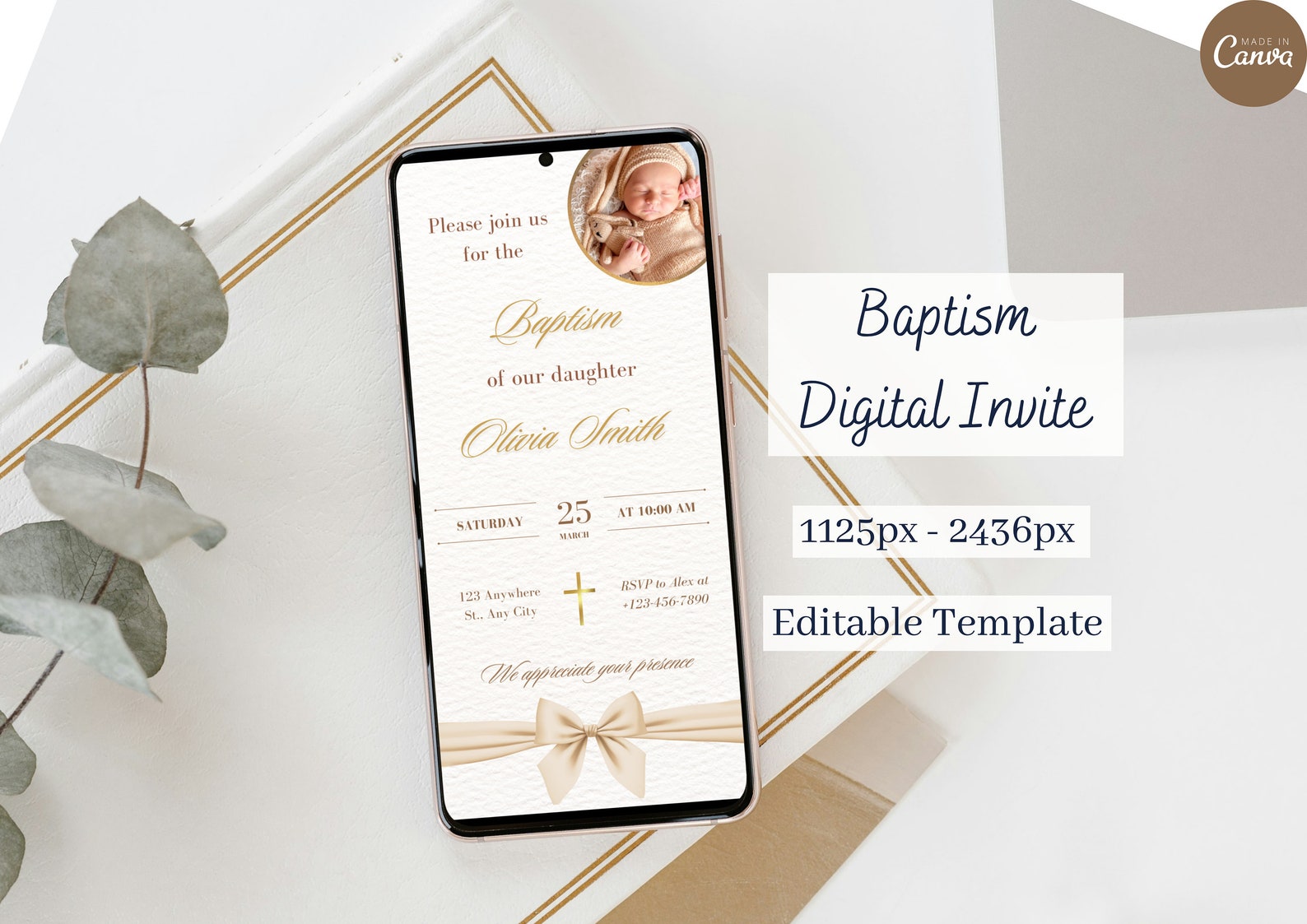 Baptism Digital Invitation With Photo, Unisex Phone Christening Invite ...