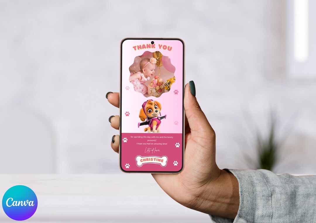 Pink Paw-ty Thank You Card With Photo Thank You Note Digital Puppy ...