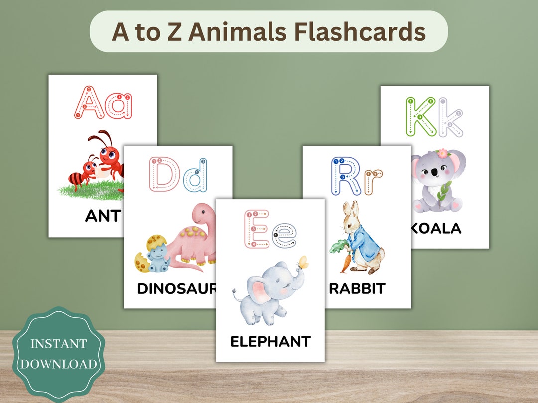 Animals Alphabet Flashcards Digital A to Z Letter Cards Printable ...