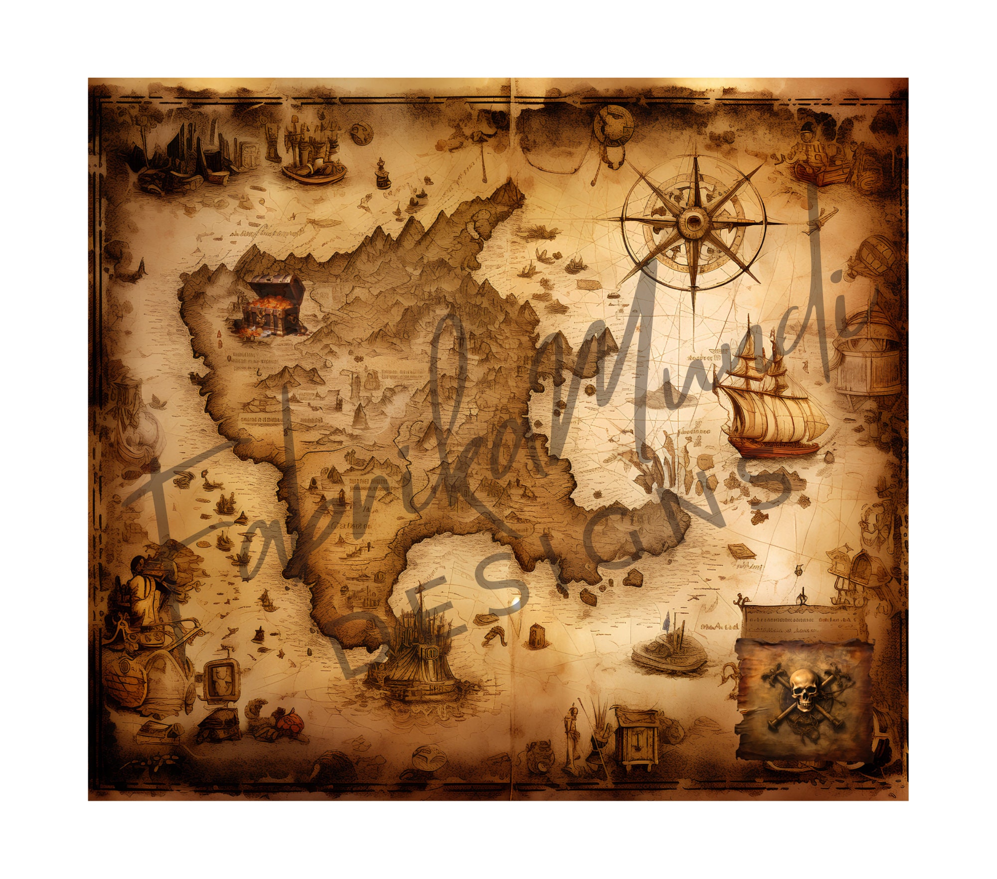 Treasure Map Pirate Tumbler Wrap Png, 20 Oz Skinny Tumbler Sublimation ...