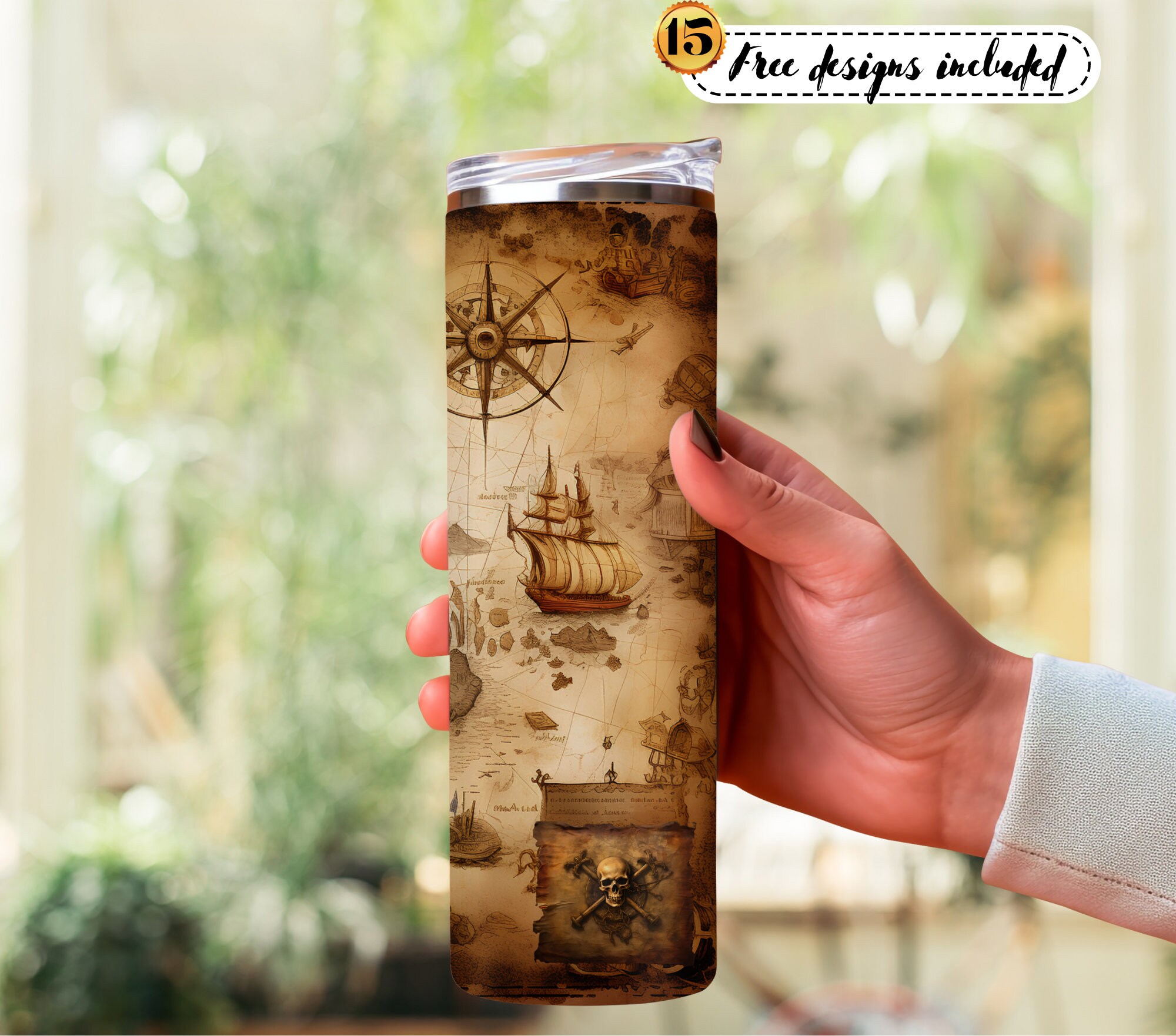 Treasure Map Pirate Tumbler Wrap Png, 20 Oz Skinny Tumbler Sublimation ...