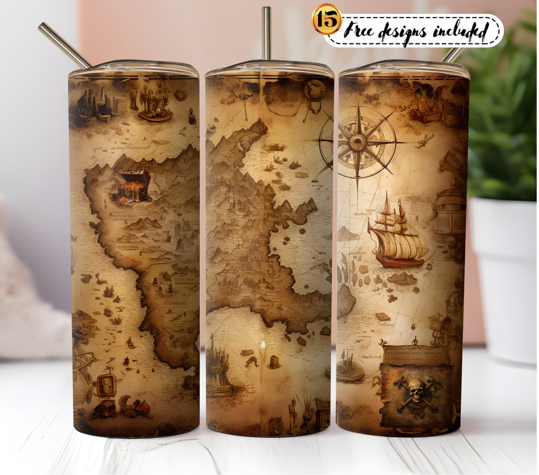 Treasure Map Pirate Tumbler Wrap Png, 20 Oz Skinny Tumbler Sublimation ...