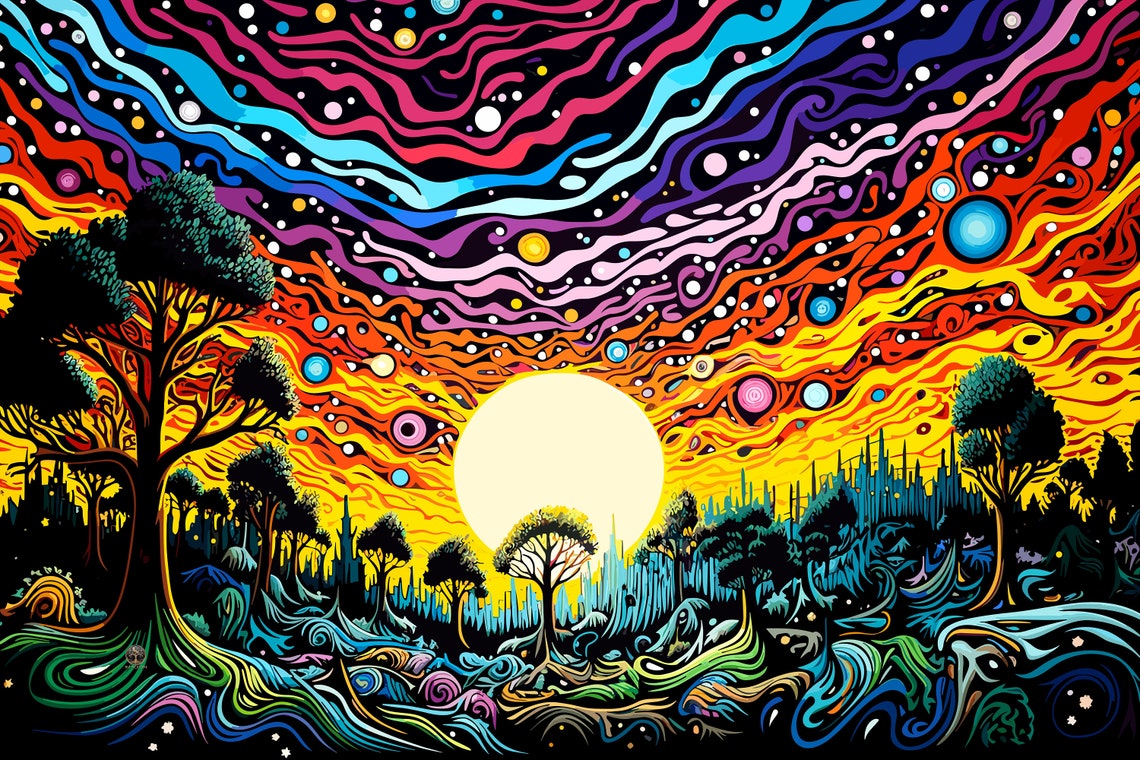 Psychedelic Sunset Dreams: Swirly Patterns Forest Vector Art for Home ...