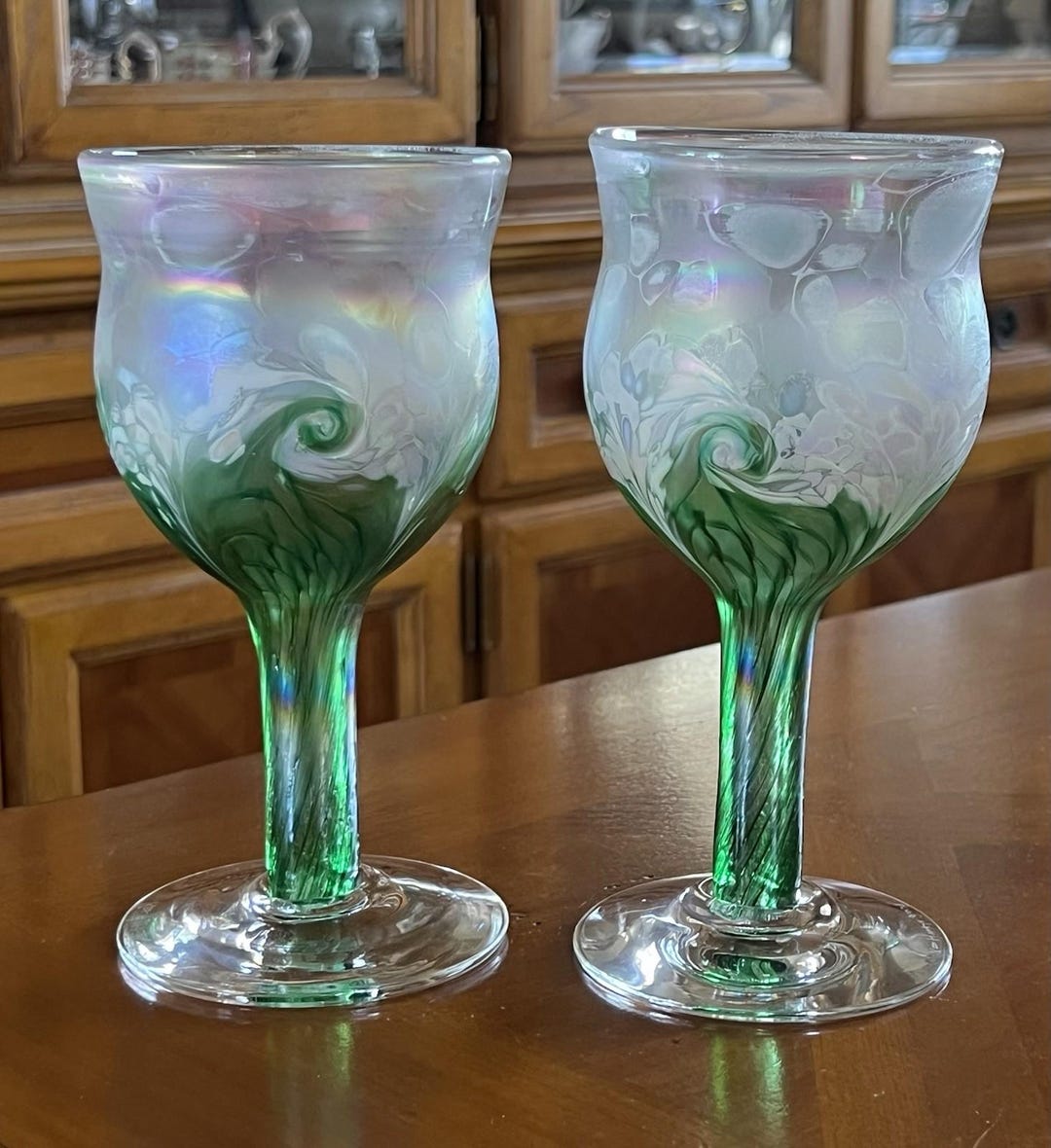 2 Ron Hinkle Hand Blown Art Glass Green Iridescence Wine Goblet Signed ...