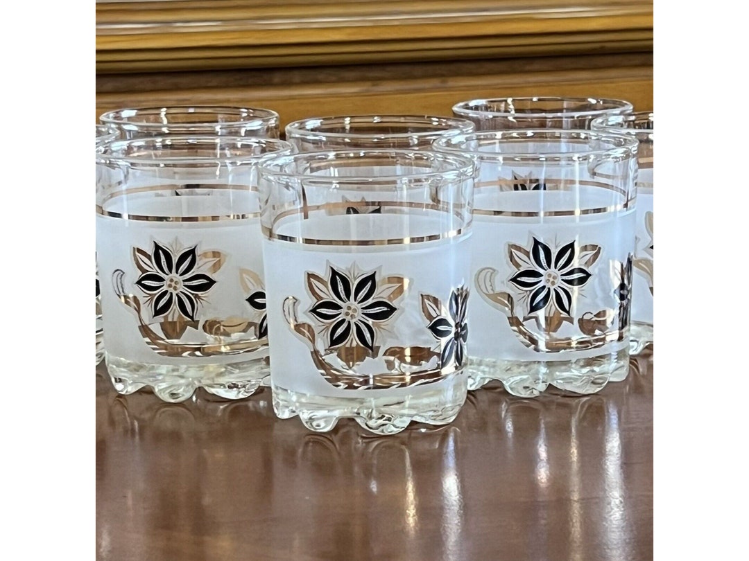 Cerve Italy, Black and Gold Floral Design Lowball Drinking Glass Set of ...