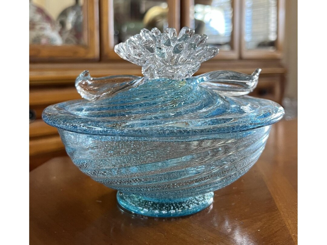 MCM Vtg Murano Glass Light Blue Candy Jar /lid Flower Knob 5” Tall ...