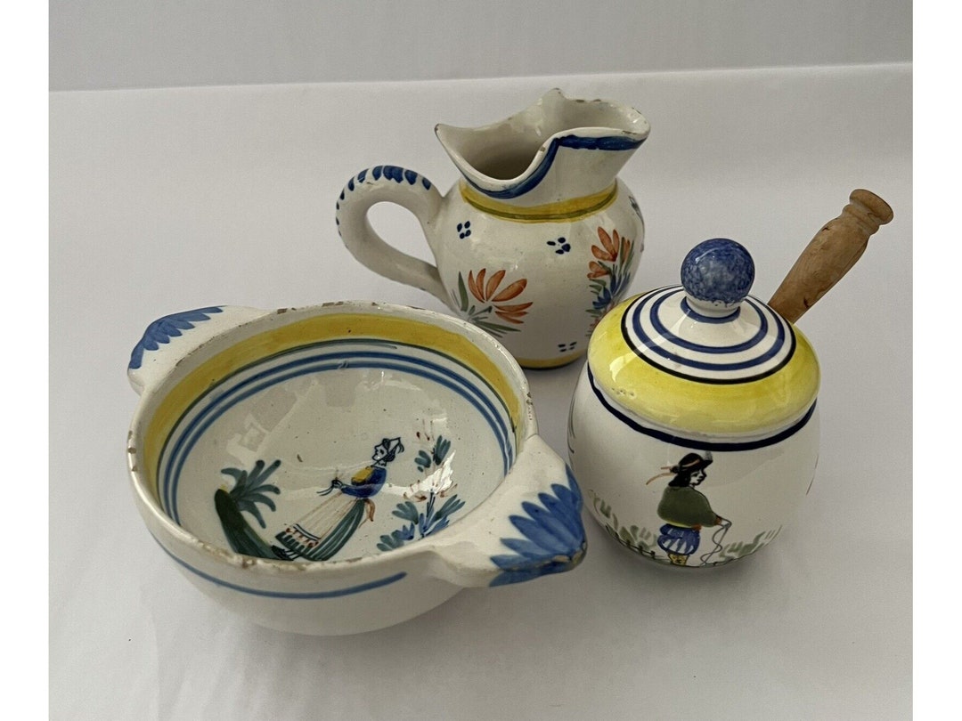 Henriot Quimper Honey Pot W Lid and Spoon Pitcher Bowl Hand Painted ...