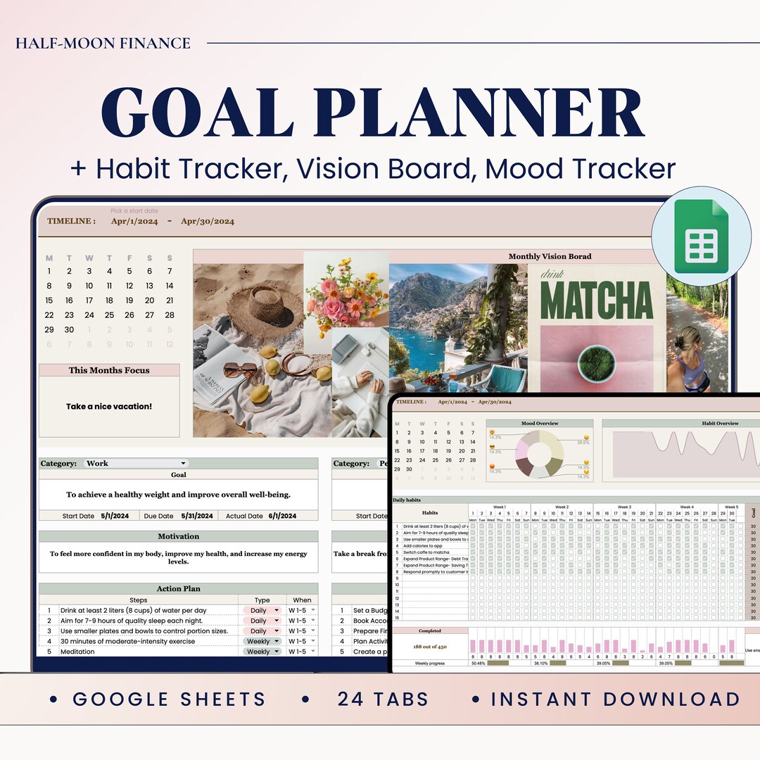 Goal Planner Spreadsheet, Goal Tracker Template With Vision Board ...
