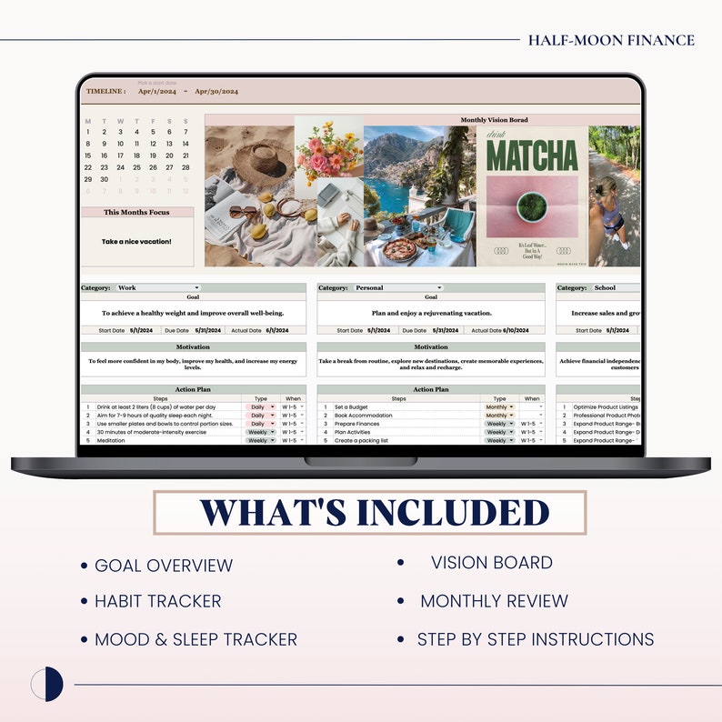 Goal Planner Spreadsheet, Goal Tracker Template With Vision Board ...
