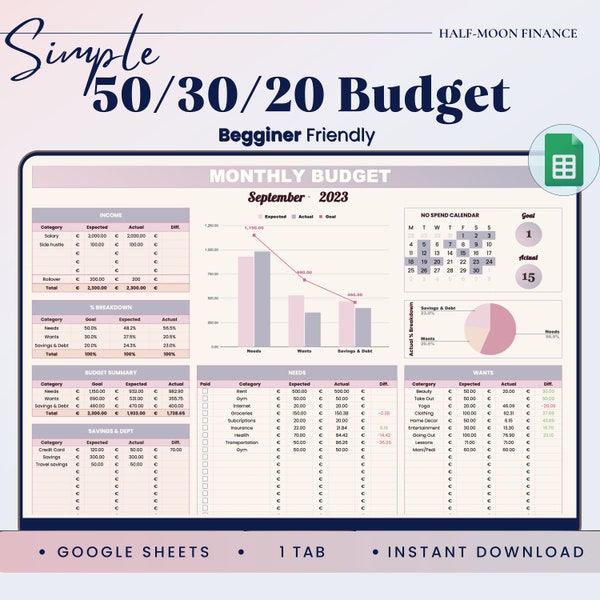 50 30 20 Budget Planner Spreadsheet Template, Simple Monthly Paycheck ...