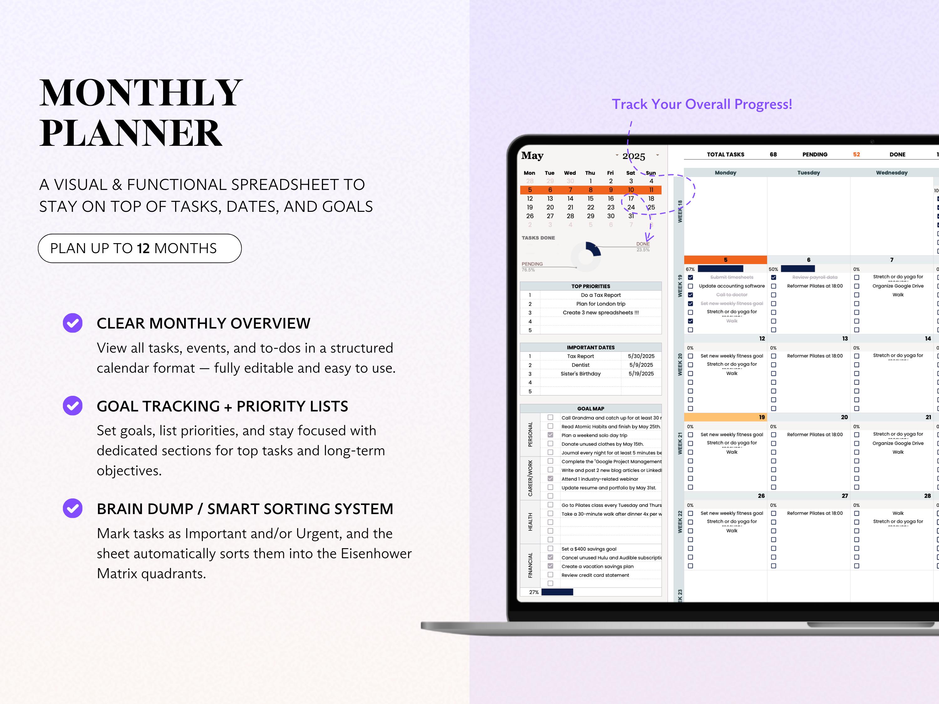 Digital Monthly Calendar Planner in Google Sheets, Editable Checklist ...