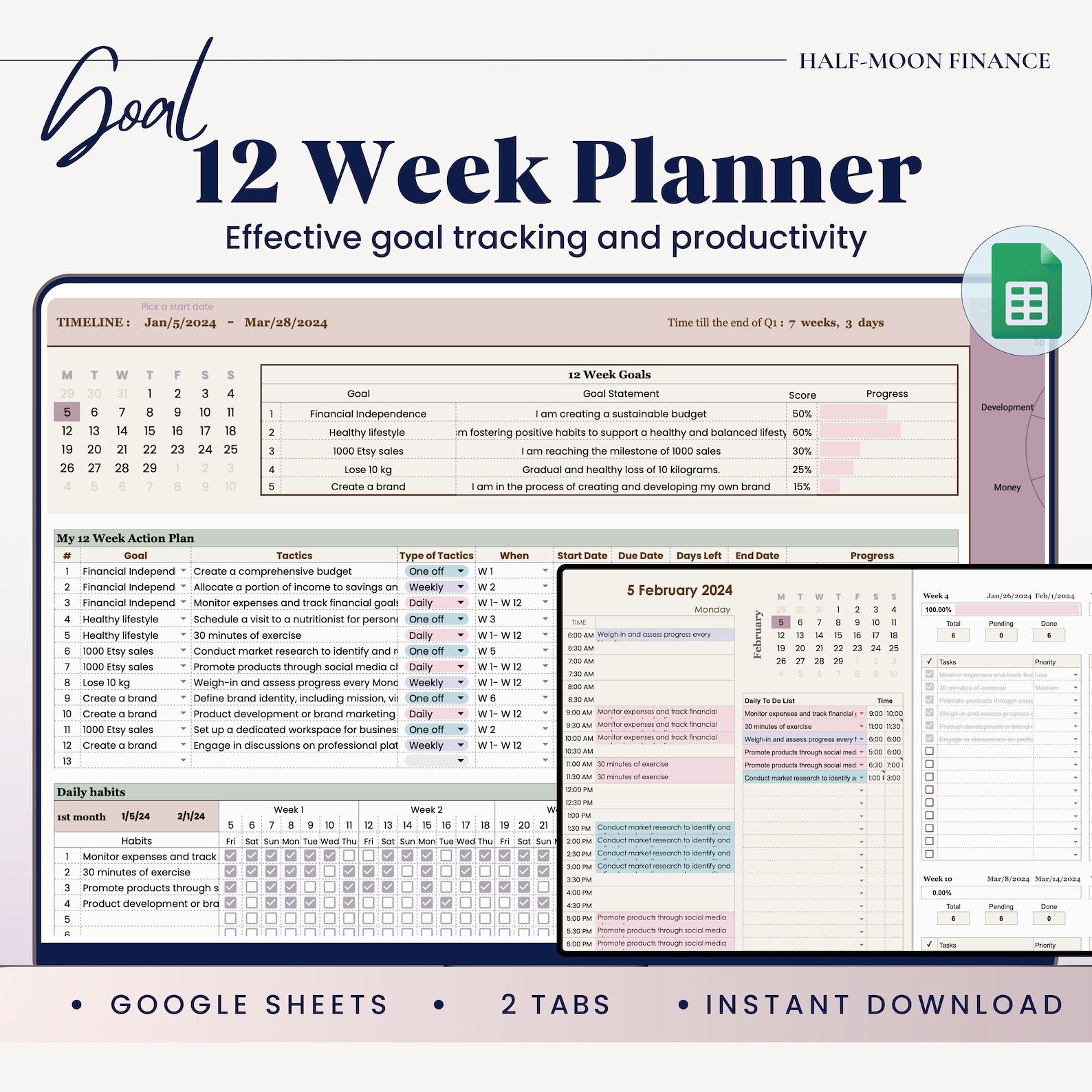 12 Week Goal Planner in Google Sheets, Quarterly Planner, Goal Planner ...