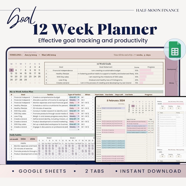12 Week Goal Planner in Google Sheets, Quarterly Planner, Goal Planner ...